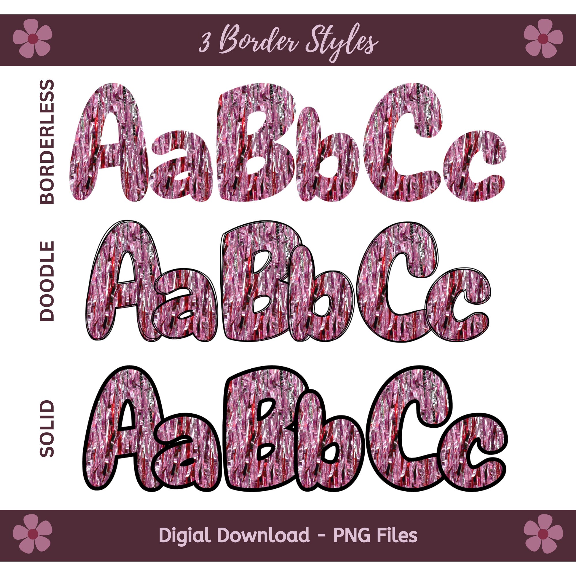 Pink Tinsel Alphabet Set, Printable PNG Alpha Pack Design, Doodle ...