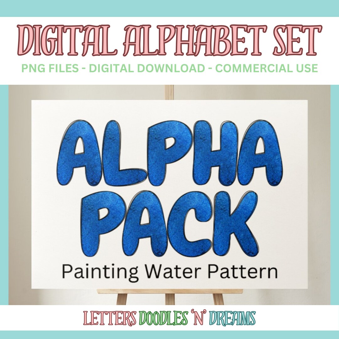 Stylized Water Digital Alphabet Set, Printable PNG Alpha Pack Design ...
