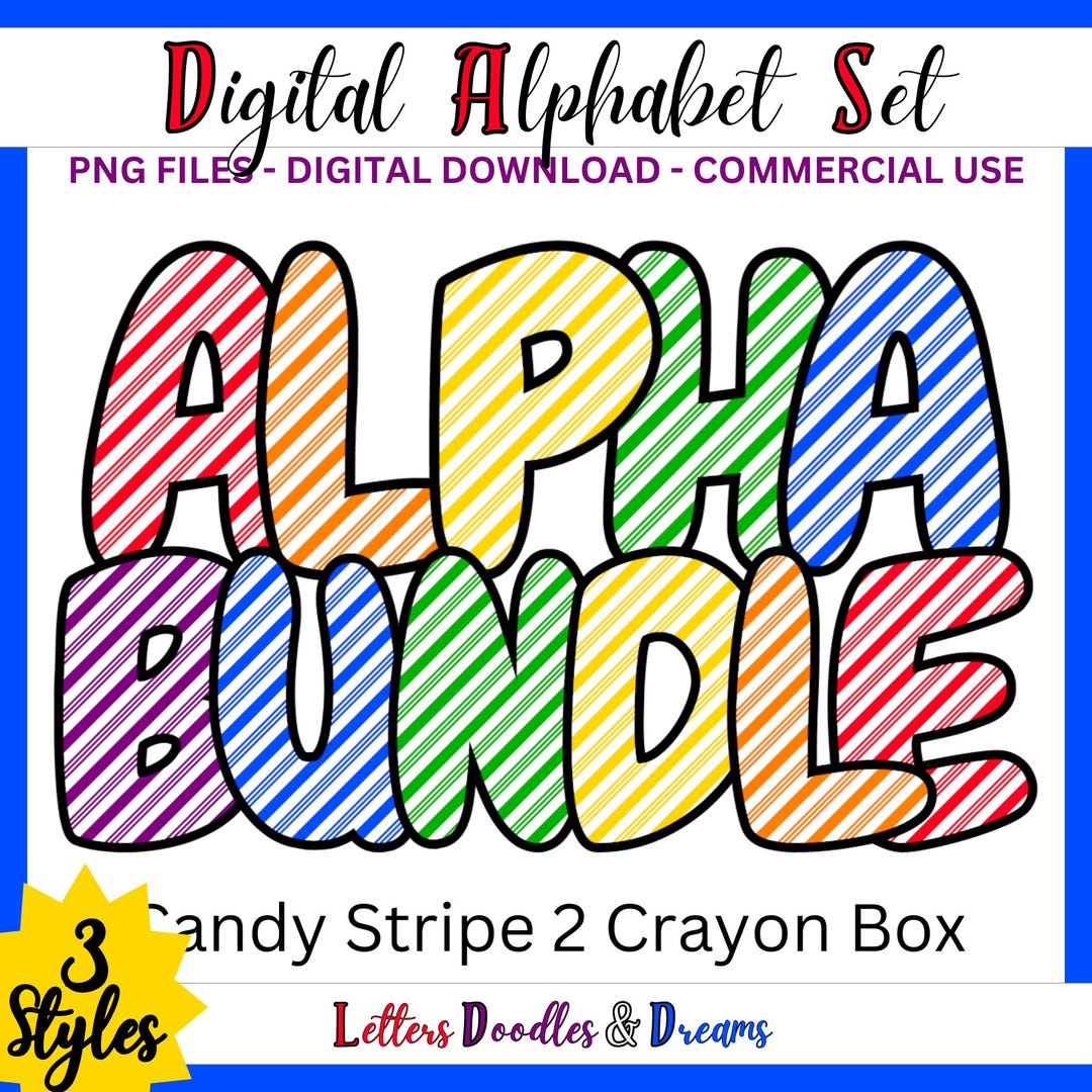 Rainbow Candy Stripe Digital Alphabet Set, Printable PNG Font Alpha ...
