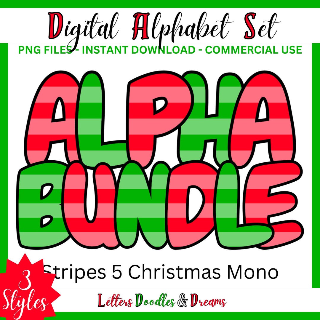 Christmas Stripes Digital Alphabet Set, Printable PNG Alpha Pack Design ...