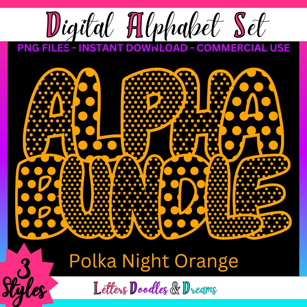 Neon Orange Polka Dots Digital Alphabet Set, Printable PNG Alpha Pack ...