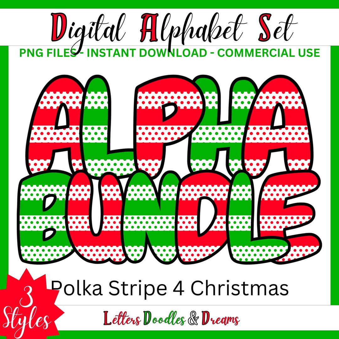 Christmas Polka Dot Stripe Digital Alphabet Set, Printable PNG Font ...
