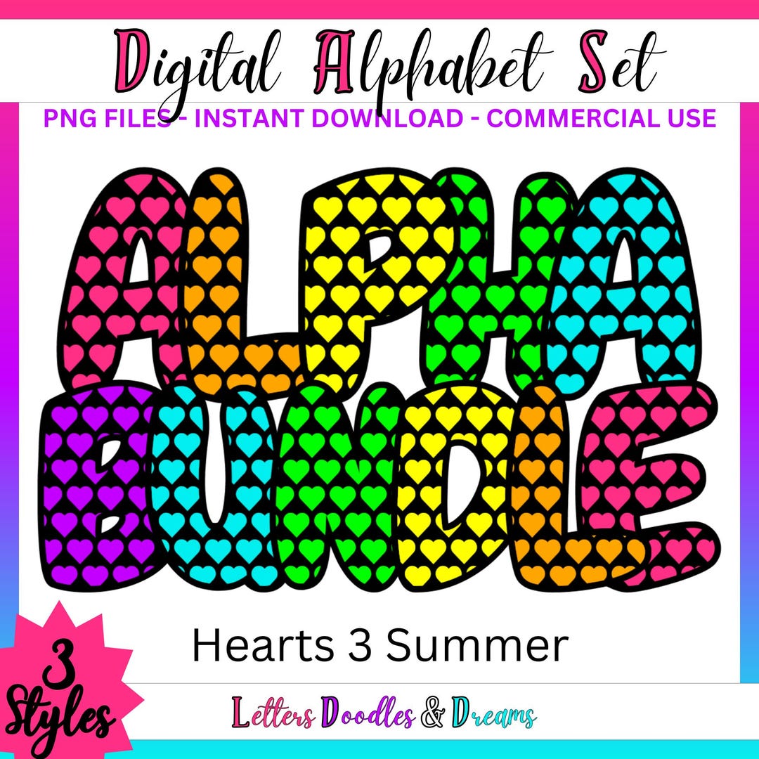 Bright Heart Alpha Doodle Letter Font PNG Clipart Printable Digital ...