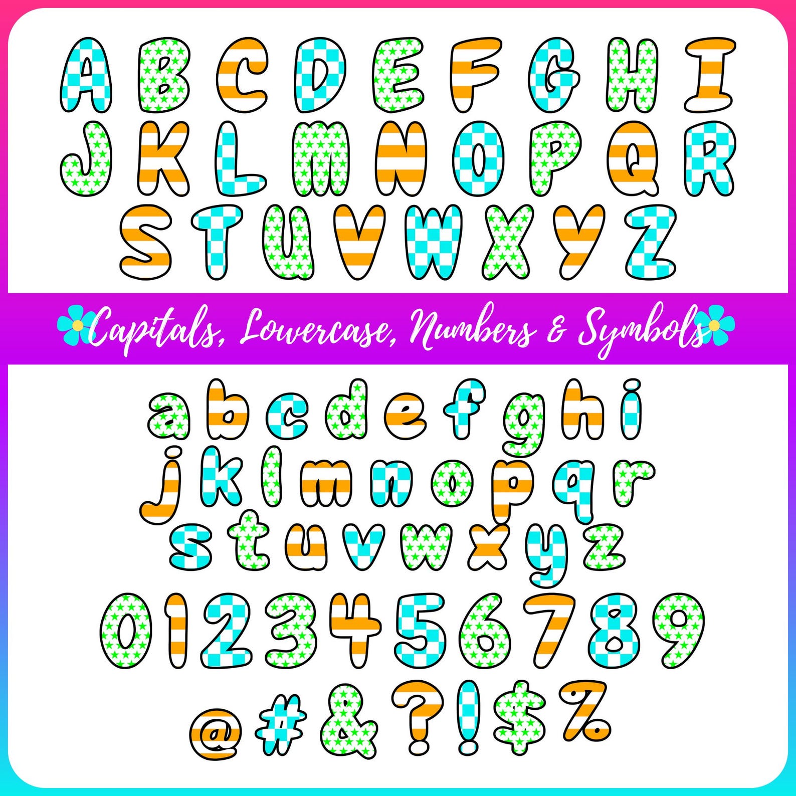 Checkers & Stars Digital Alphabet Set, Printable PNG Font Alpha Pack ...