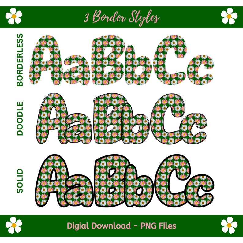 Daisies Digital Alphabet Set, Printable PNG Alpha Pack Design, Doodle ...