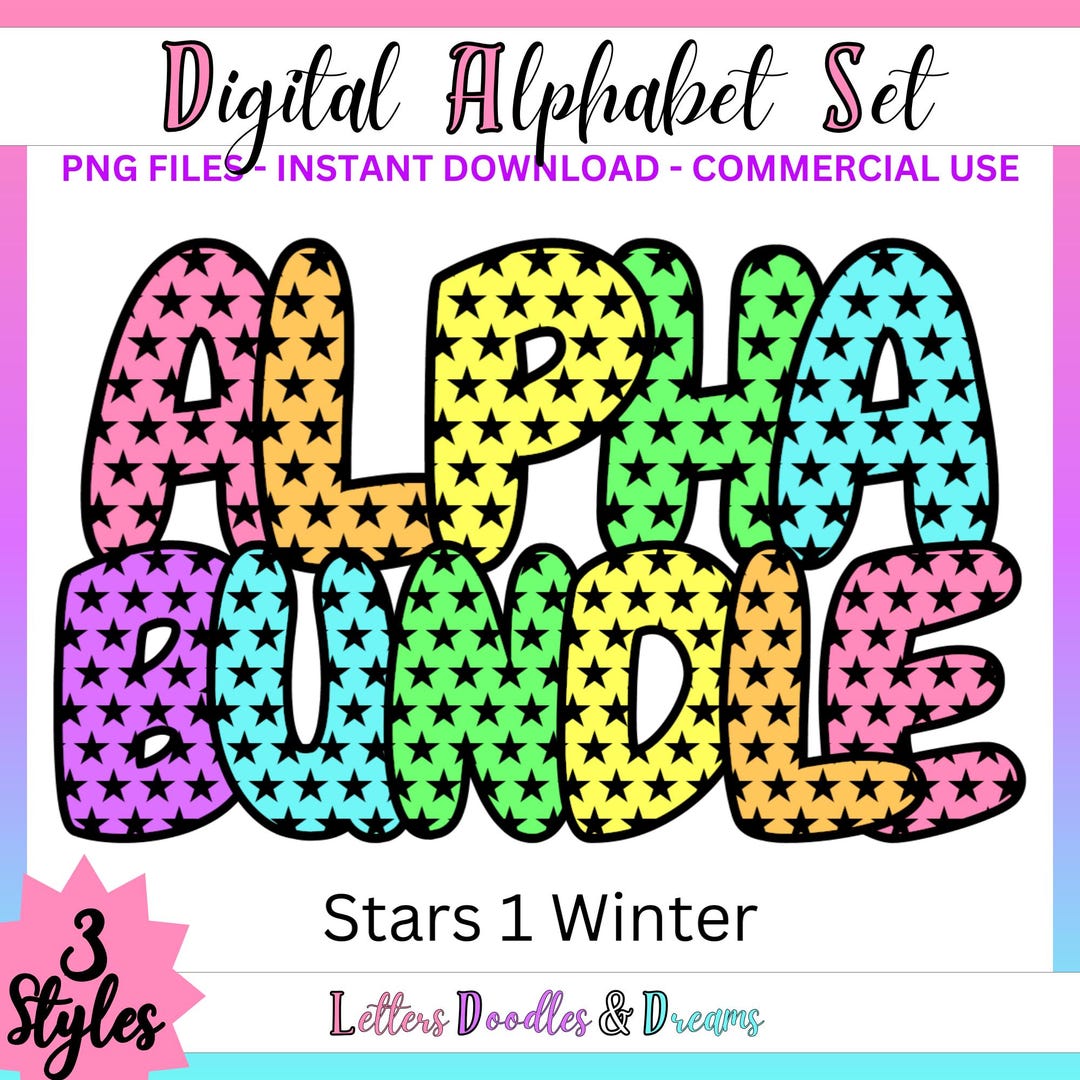 Pastel Bright Stars Alpha Doodle Letter Font Printable Digital Alphabet ...