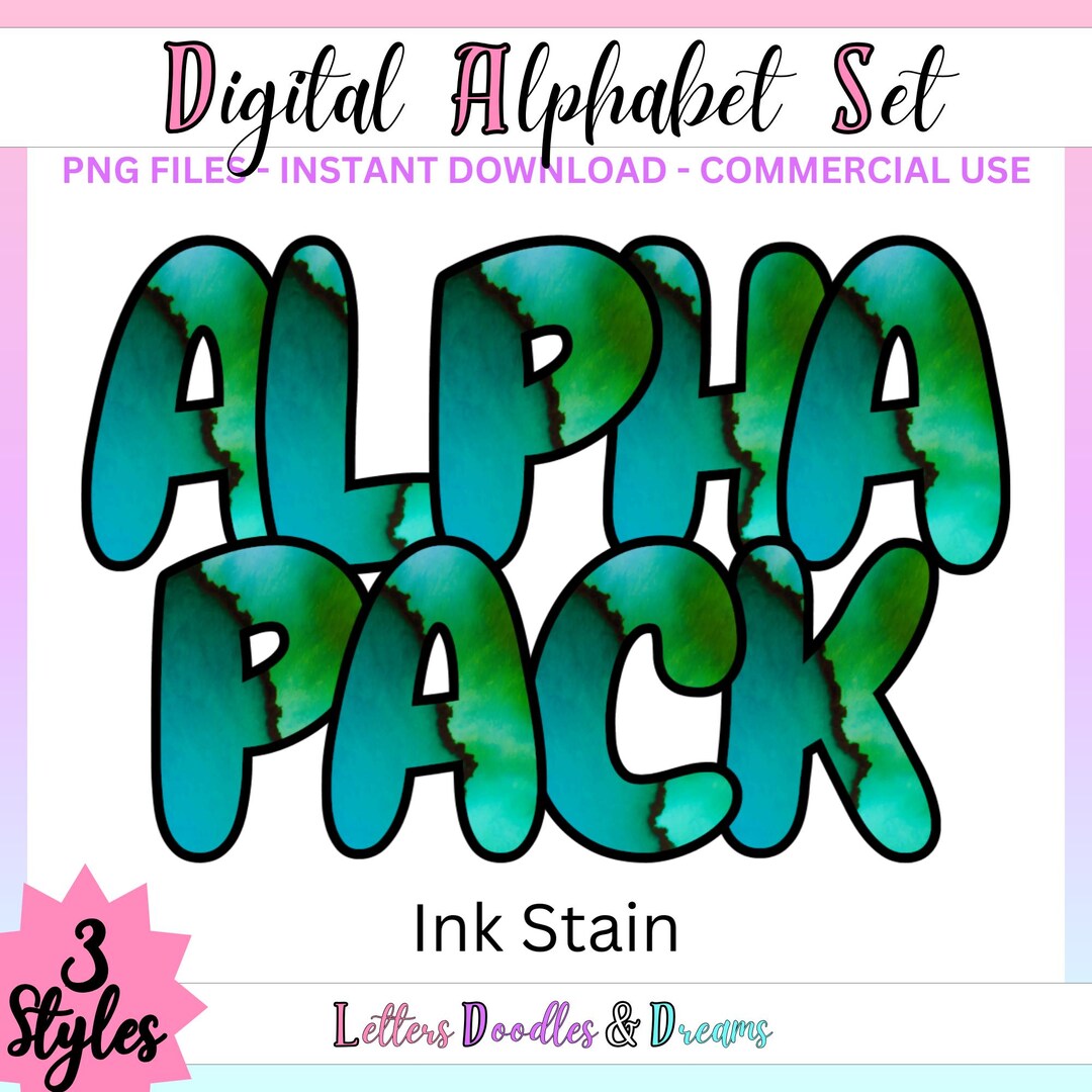 Watery Inkblot Digital Alphabet Set, Printable PNG Alpha Pack Design ...