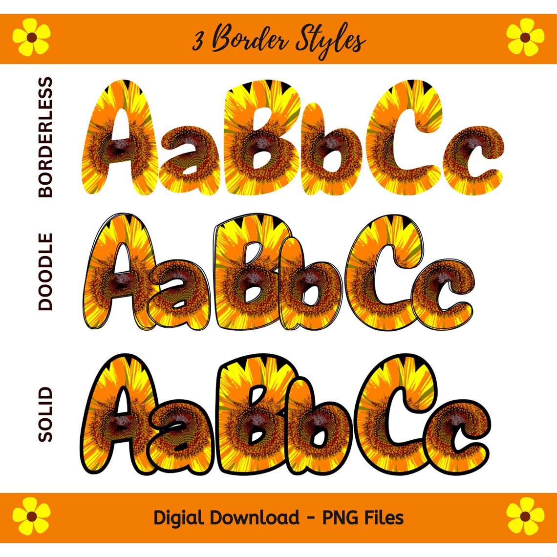 Sunflower Digital Alphabet Set, Printable PNG Alpha Pack Design, Doodle ...