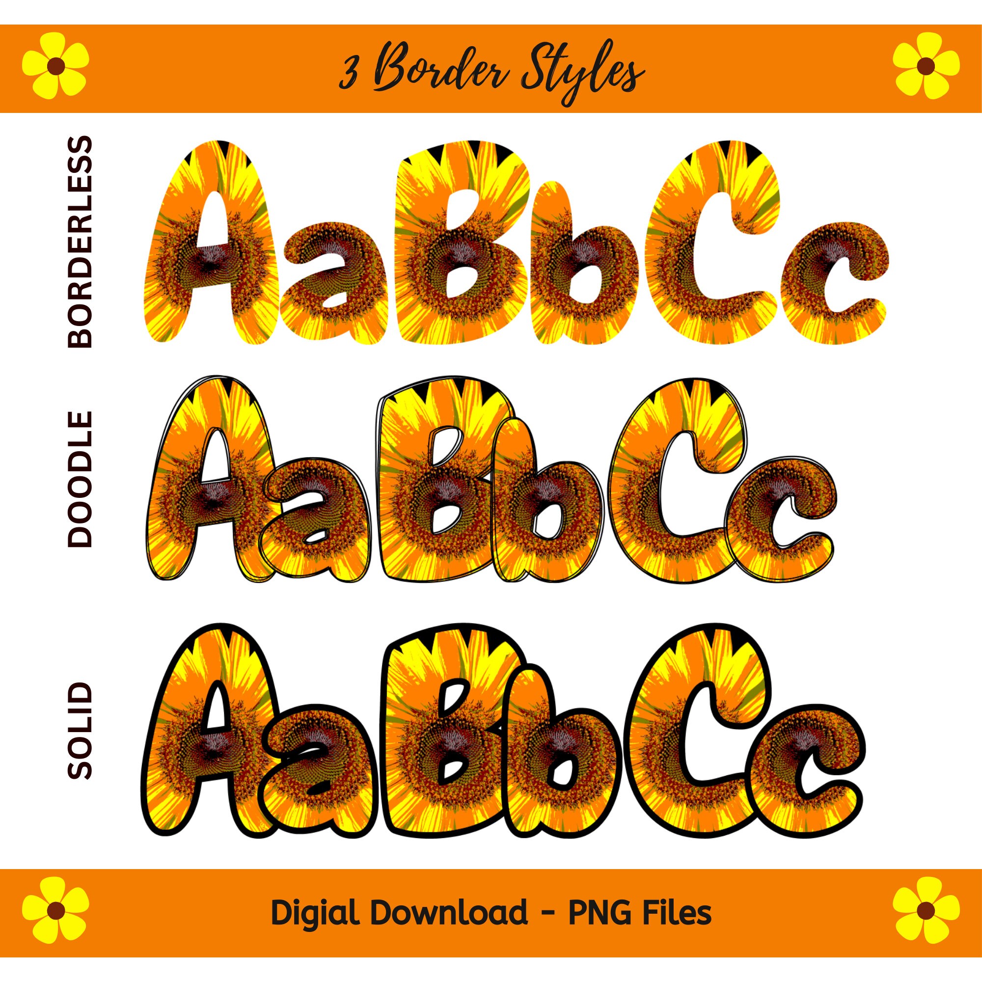 Sunflower Digital Alphabet Set, Printable PNG Alpha Pack Design, Doodle ...