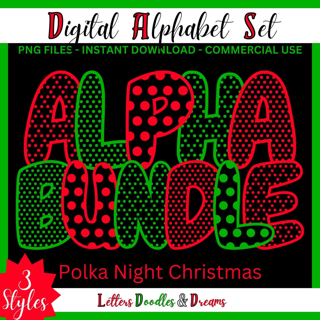 Christmas Polka Dots Digital Alphabet Set, Printable PNG Font Alpha ...