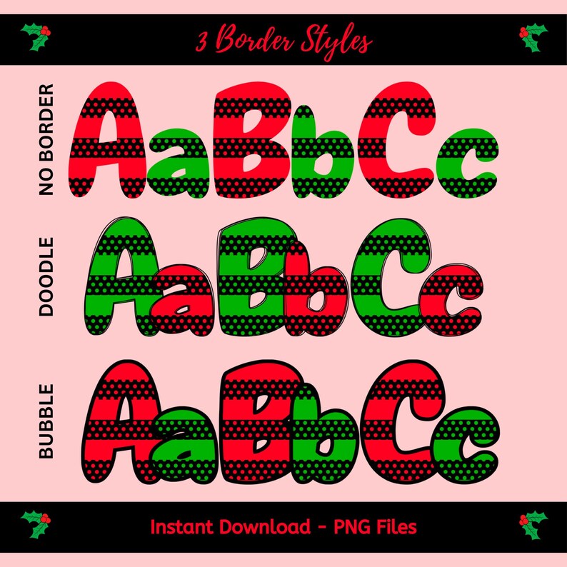 Christmas Polka Dot Stripe Digital Alphabet Set, Printable PNG Font ...
