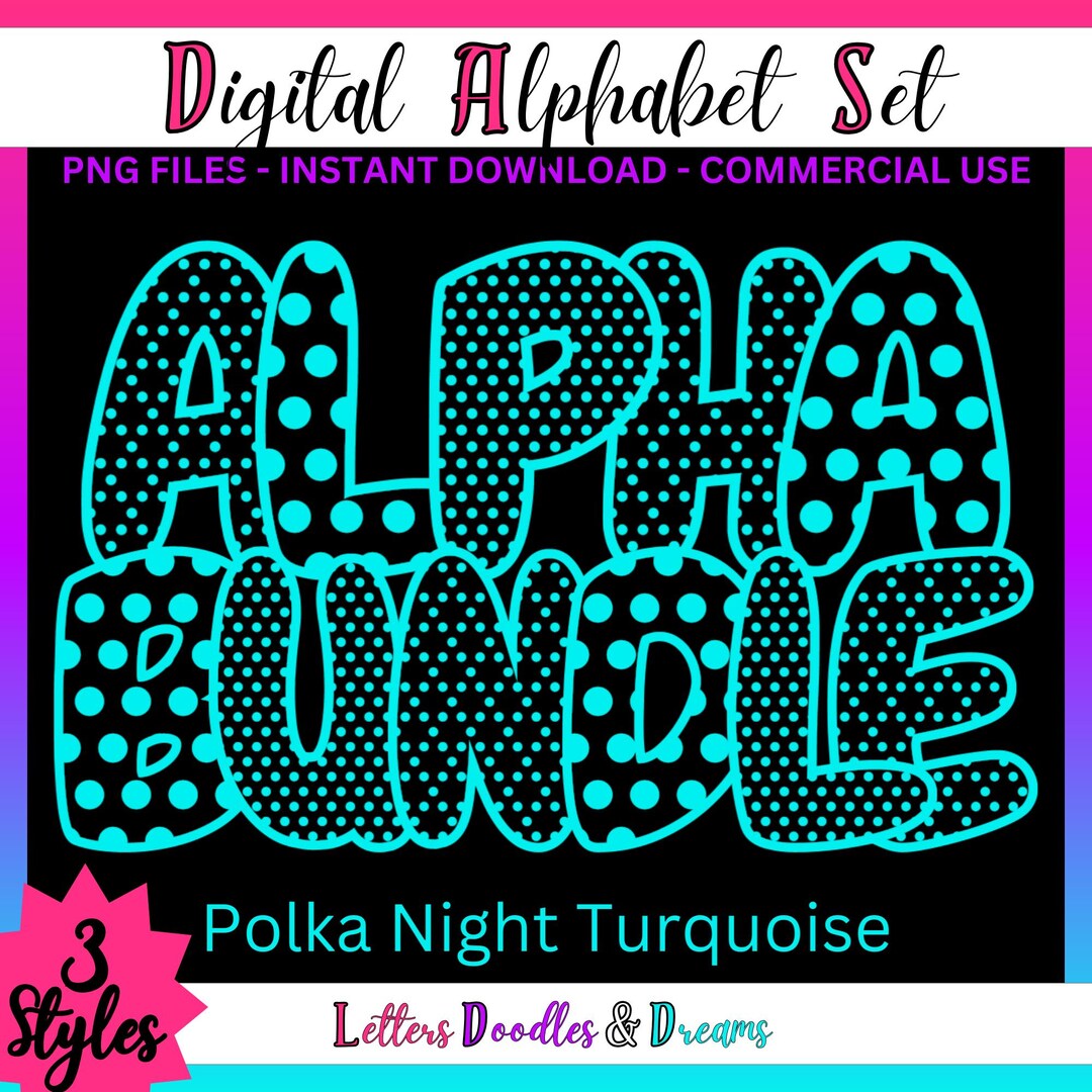 Neon Blue Polka Dots Digital Alphabet Set, Printable PNG Alpha Pack ...