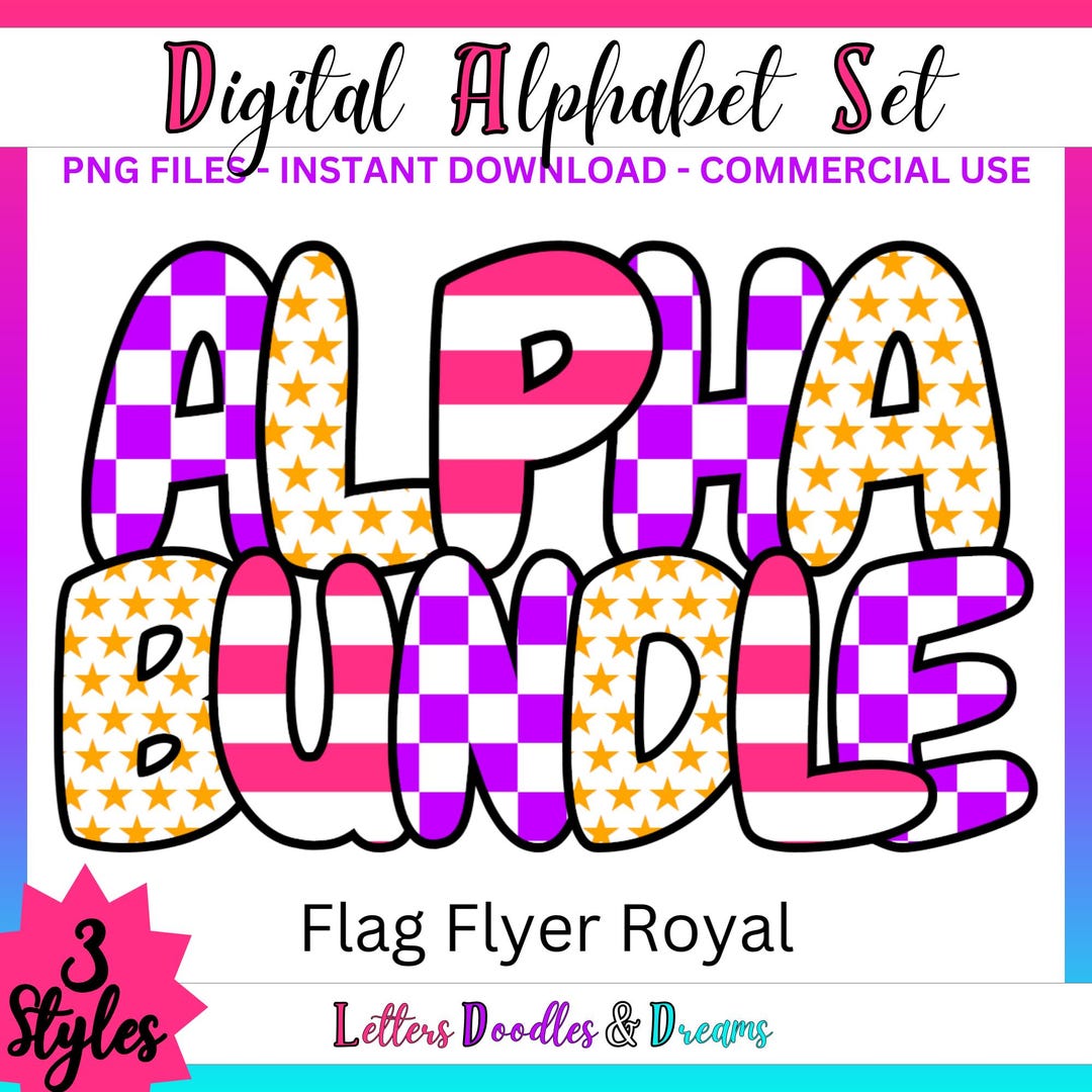 Checkers & Stars Digital Alphabet Set, Printable PNG Font Alpha Pack ...