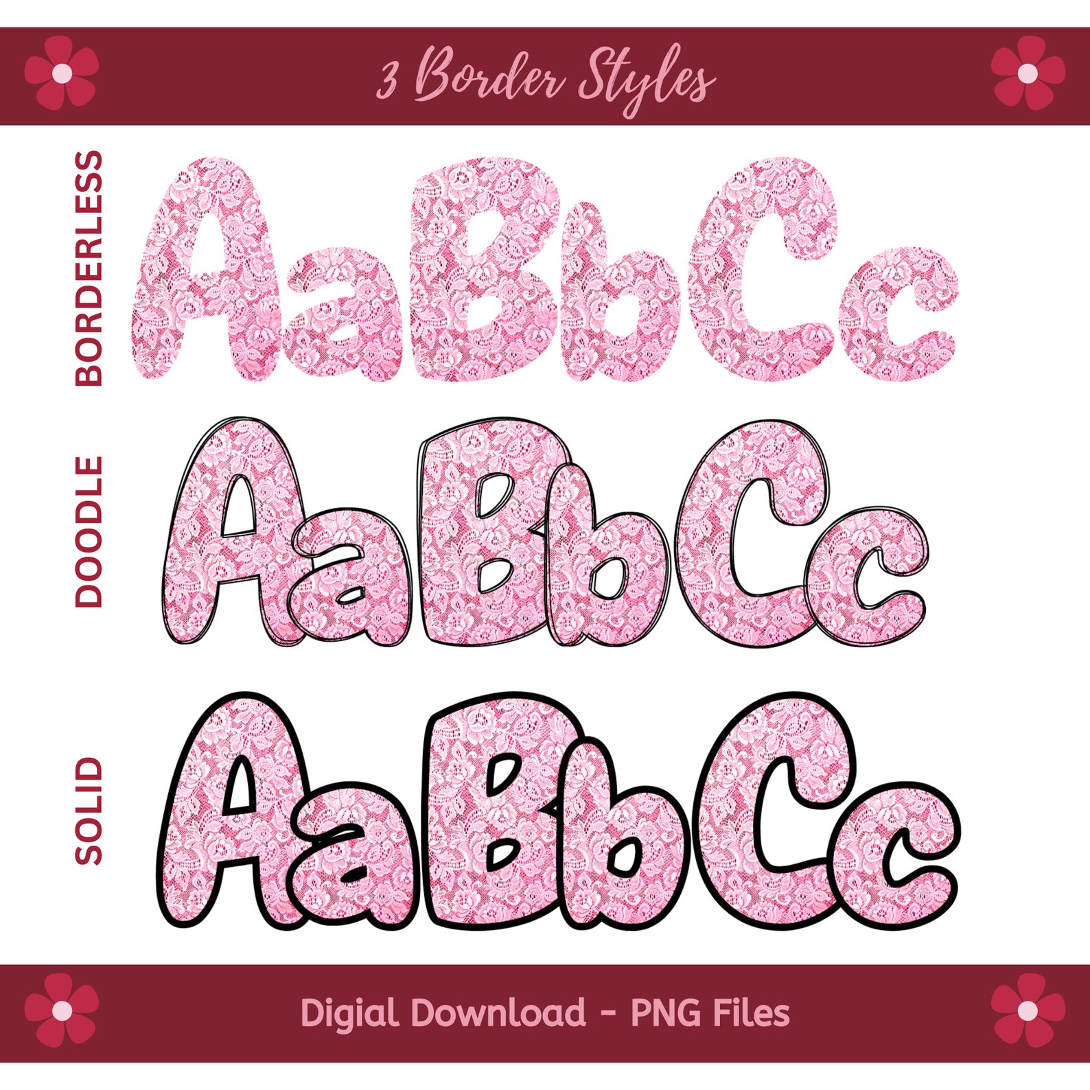 Pink Lace Digital Alphabet Set, Printable PNG Alpha Pack Design, Doodle ...