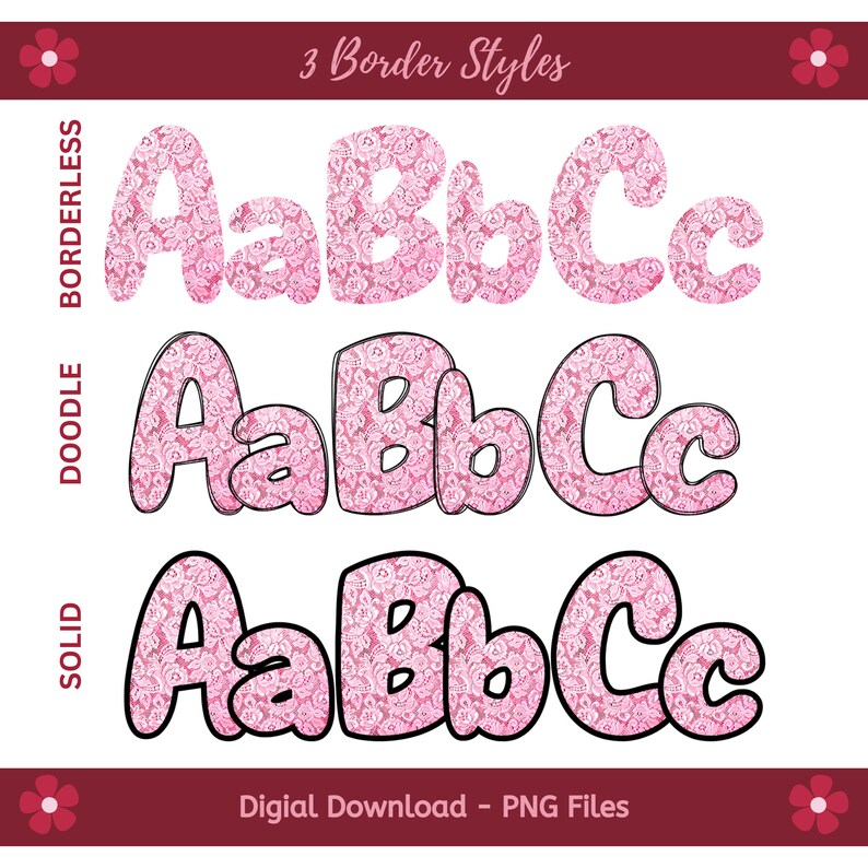 Pink Lace Digital Alphabet Set, Printable PNG Alpha Pack Design, Doodle ...