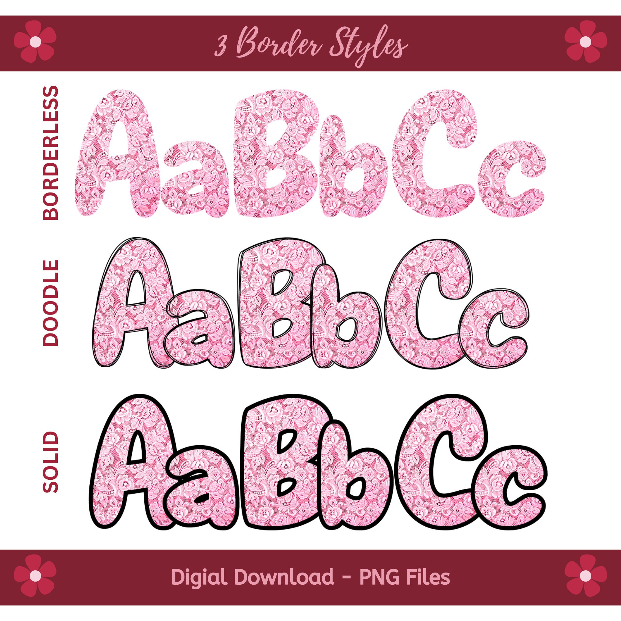 Pink Lace Digital Alphabet Set, Printable PNG Alpha Pack Design, Doodle ...