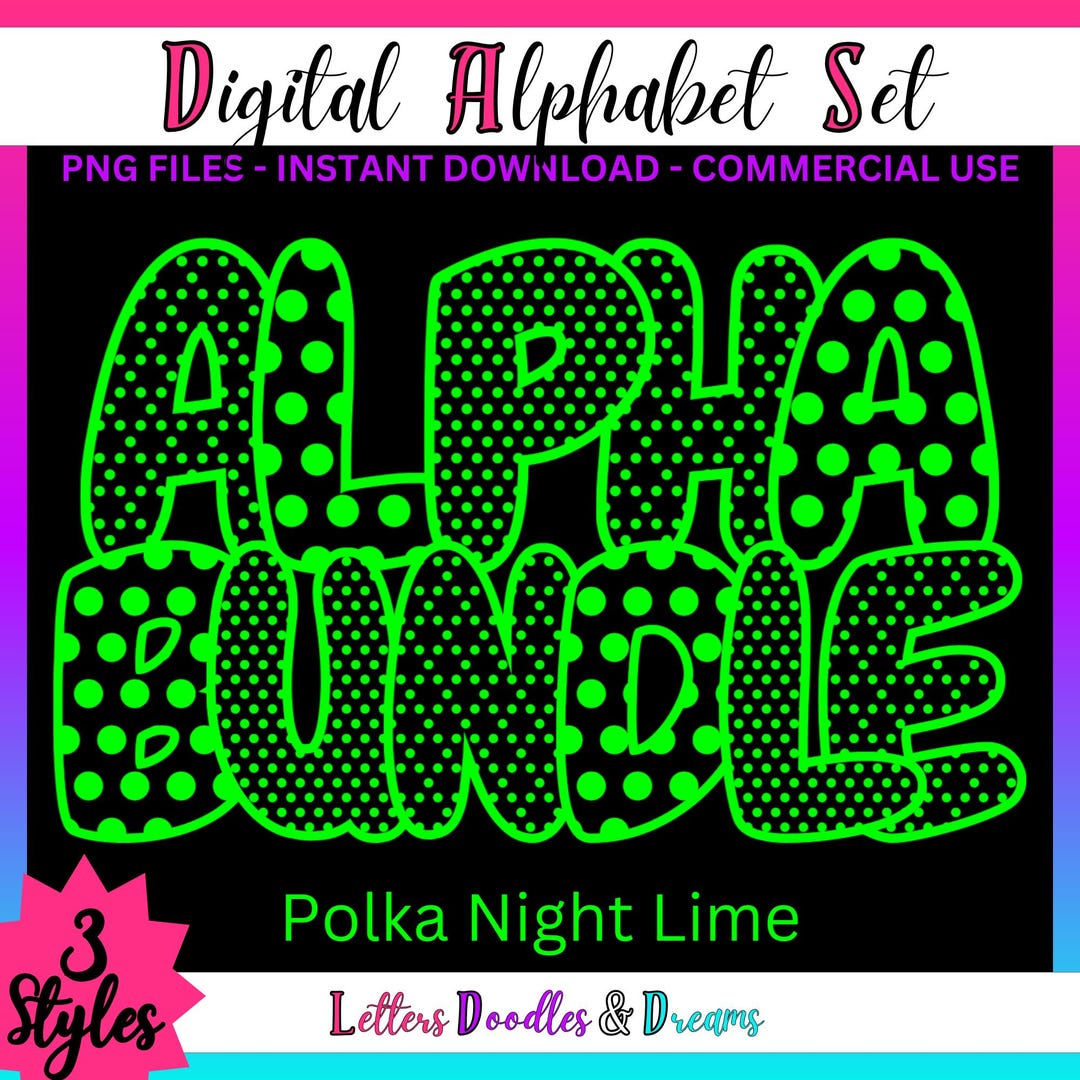 Neon Green Polka Dots Digital Alphabet Set, Printable PNG Alpha Pack ...