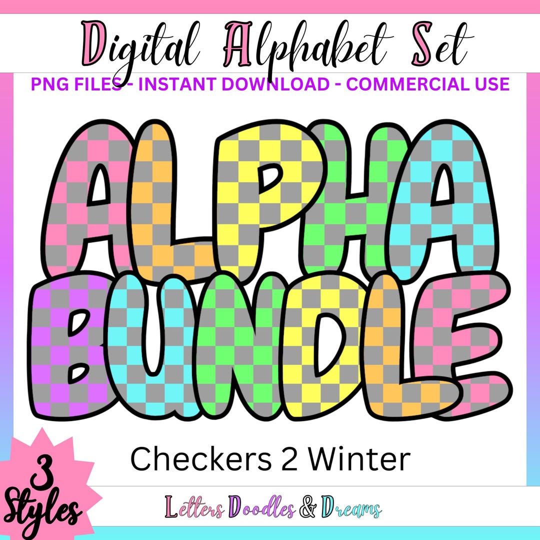 Pastel Bright Checkerboard Doodle Letter Font Printable Digital ...