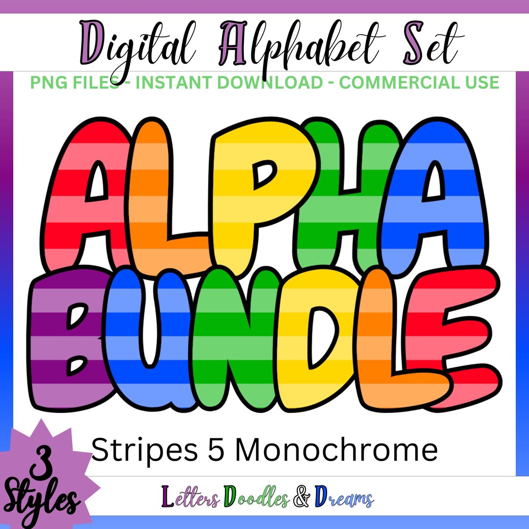 Monochrome Stripes Digital Alphabet Set, Printable PNG Alpha Pack ...
