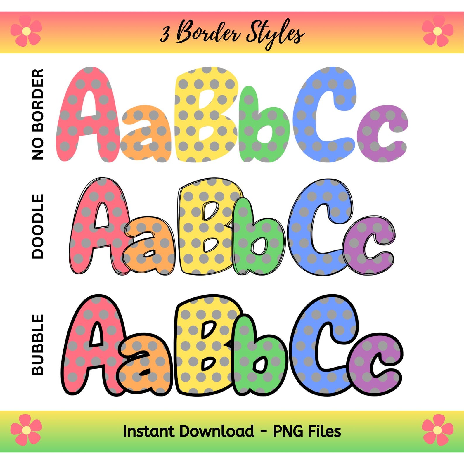 Pastel Polka Dot Alpha Doodle Letter Font PNG Clipart Printable Digital ...
