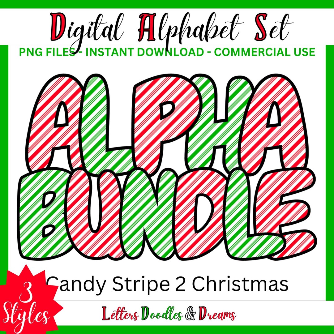 Christmas Candy Stripe Digital Alphabet Set, Printable PNG Font Alpha ...