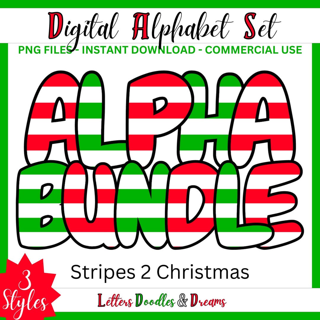 Christmas Stripes Digital Alphabet Set, Printable PNG Alpha Pack Design ...