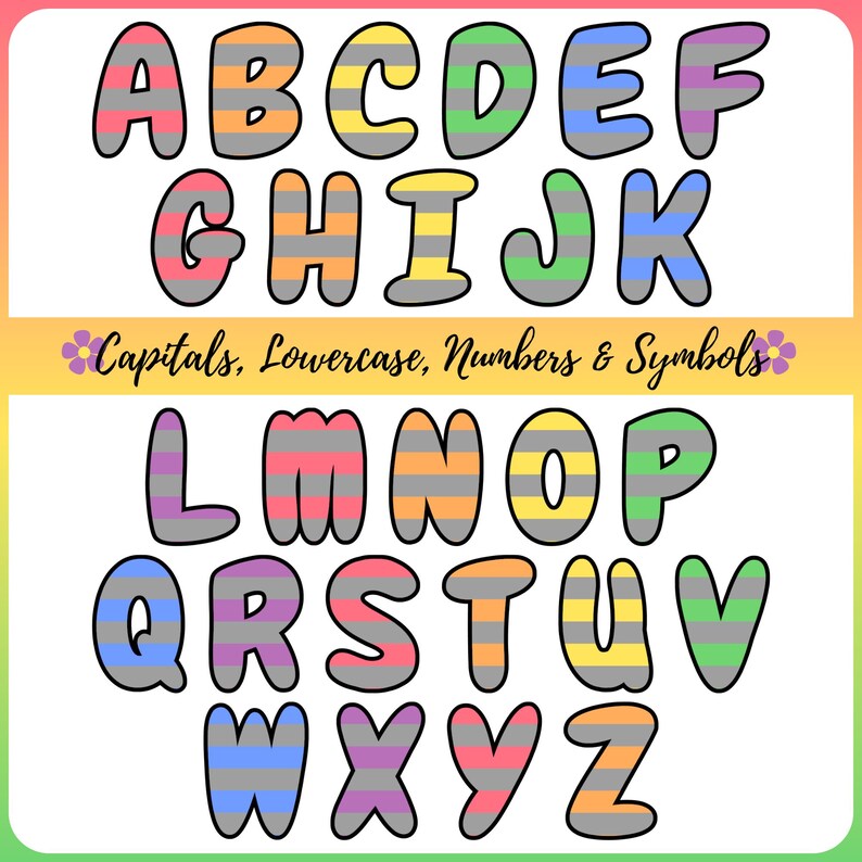 Pastel Wide Stripe Alpha Doodle Letter Font PNG Clipart Printable ...