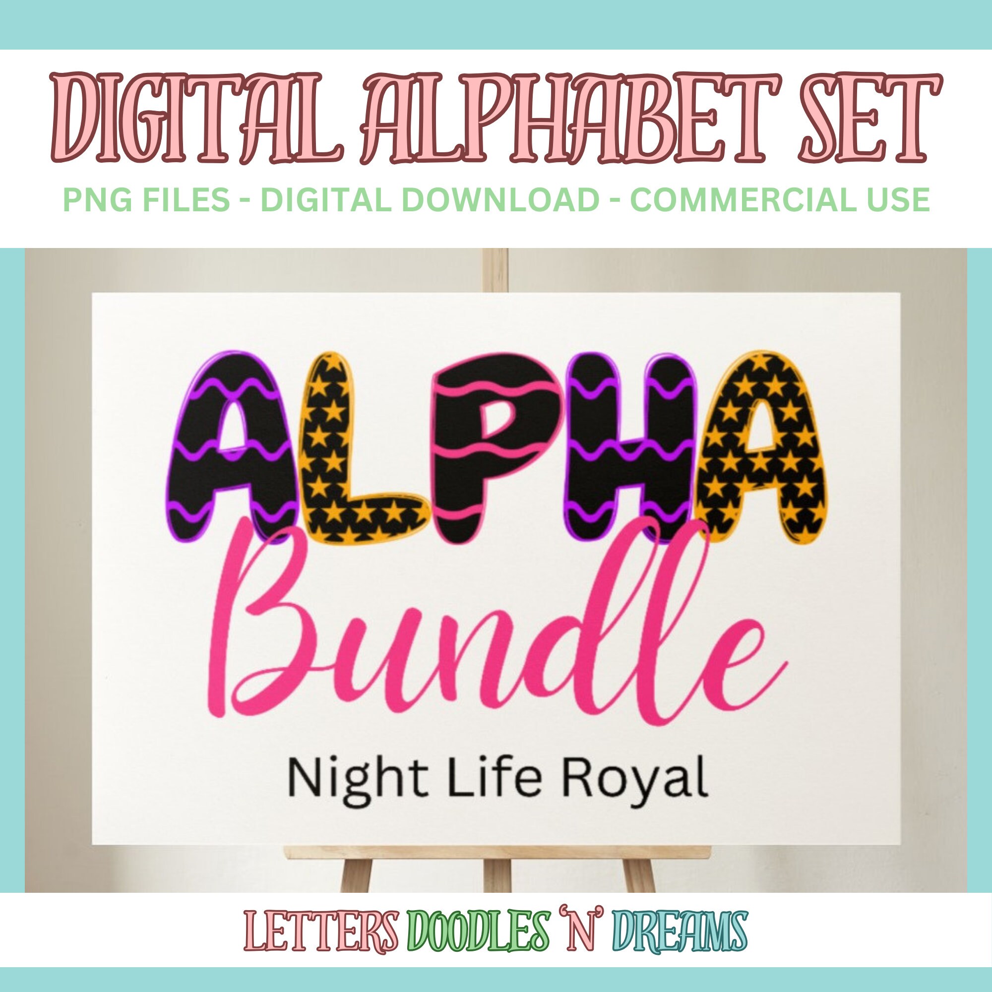 Stars & Streamers Digital Alphabet Set, Printable PNG Alpha Pack Design ...