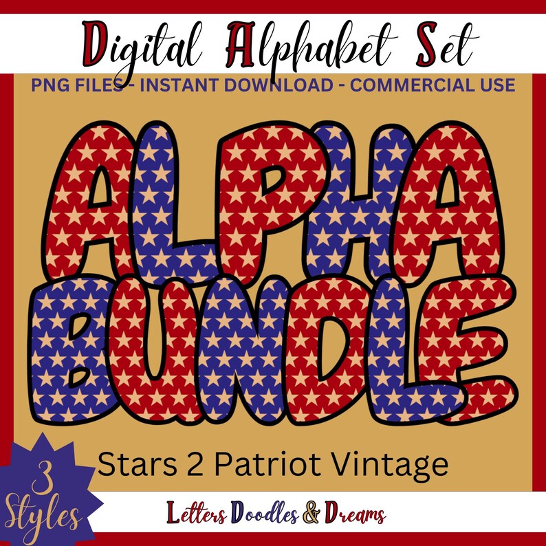 Vintage Patriotic Stars Digital Alphabet Printable PNG Font Alpha Pack ...