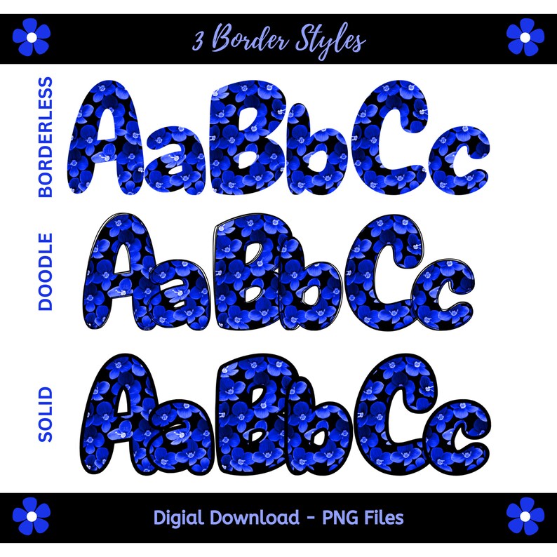 Blue Violets Digital Alphabet Set, Printable PNG Alpha Pack Design ...