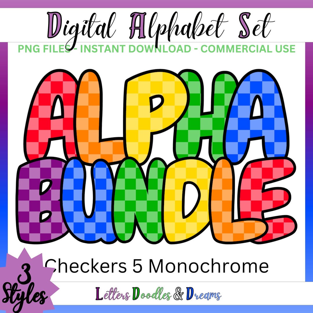 Monochrome Checkers Digital Alphabet Set, Printable PNG Font Alpha Pack ...