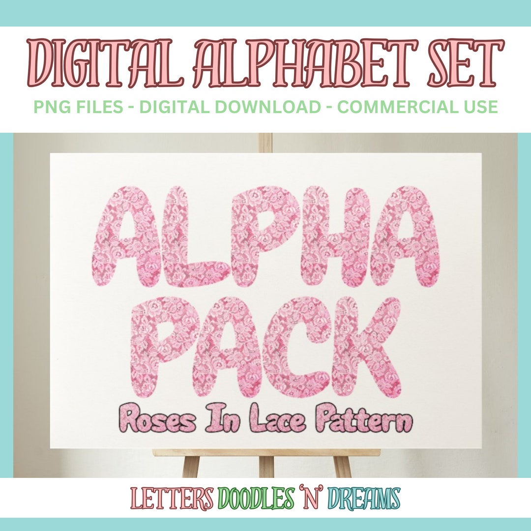 Pink Lace Digital Alphabet Set, Printable PNG Alpha Pack Design, Doodle ...