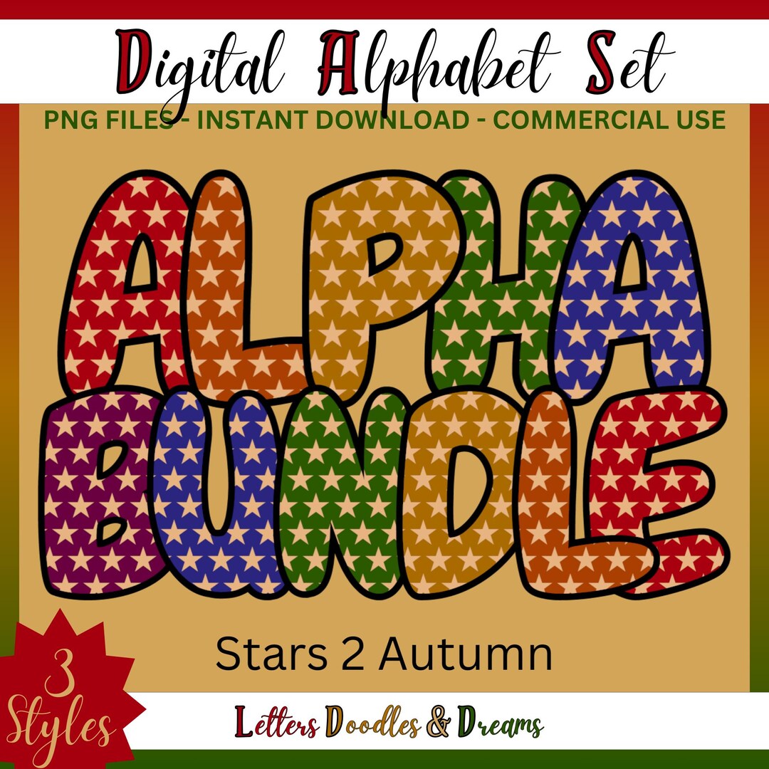 Vintage Rainbow Stars Digital Alphabet Set, Printable PNG Font Alpha ...