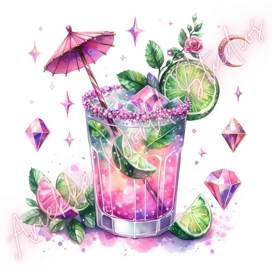 Pink Floral Iridescent Watercolor Cocktail Clipart Sparkle Beverage ...
