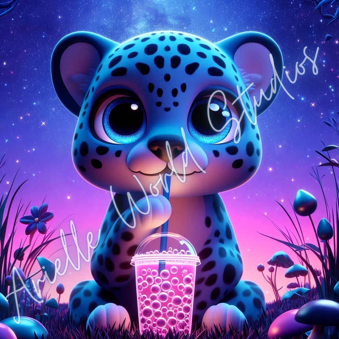 Adorable Leopard Cub Boba Drink Clipart Glowing Printable Png Vibrant ...