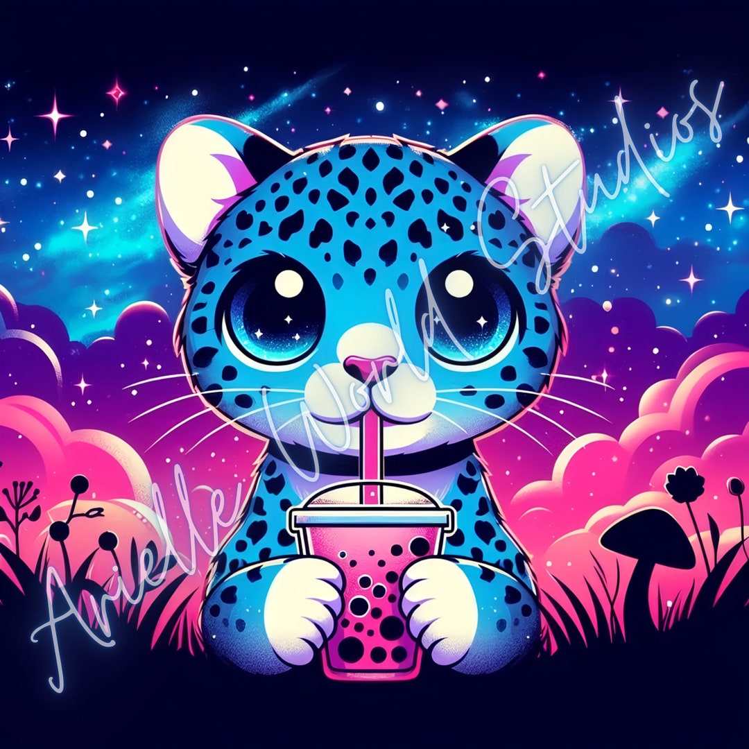 Adorable Leopard Cub Boba Drink Clipart Glowing Printable Png Vibrant ...