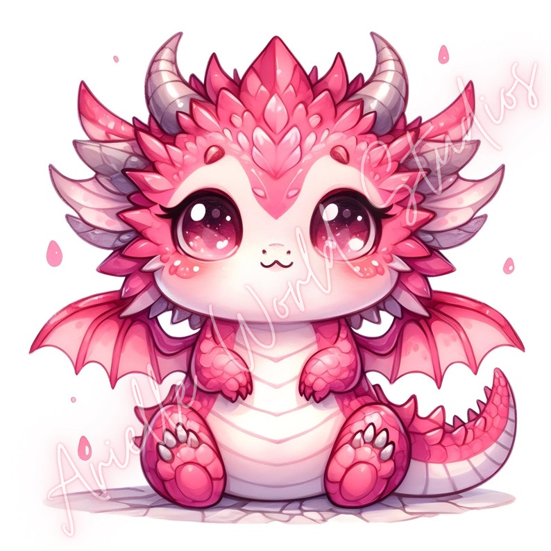 Adorable Pink Baby Dragon Clipart, Chibi, Kawaii, Fantasy, Mystical ...