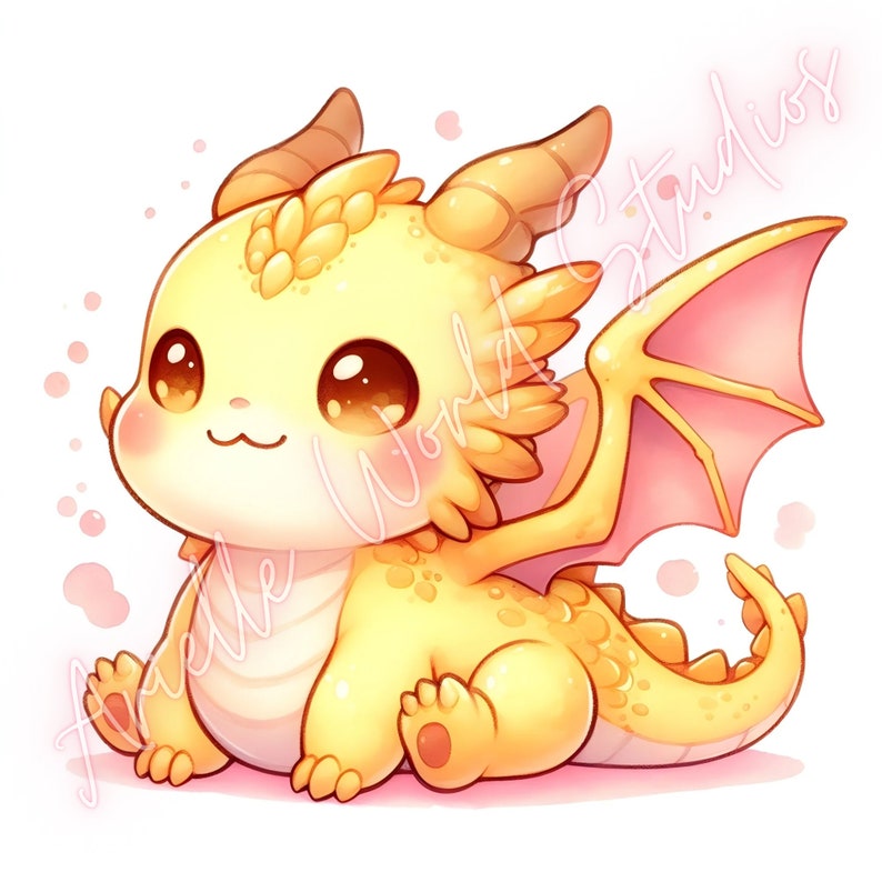 Adorable Yellow Baby Dragon Clipart, Pastel, Chibi, Kawaii, Fantasy ...