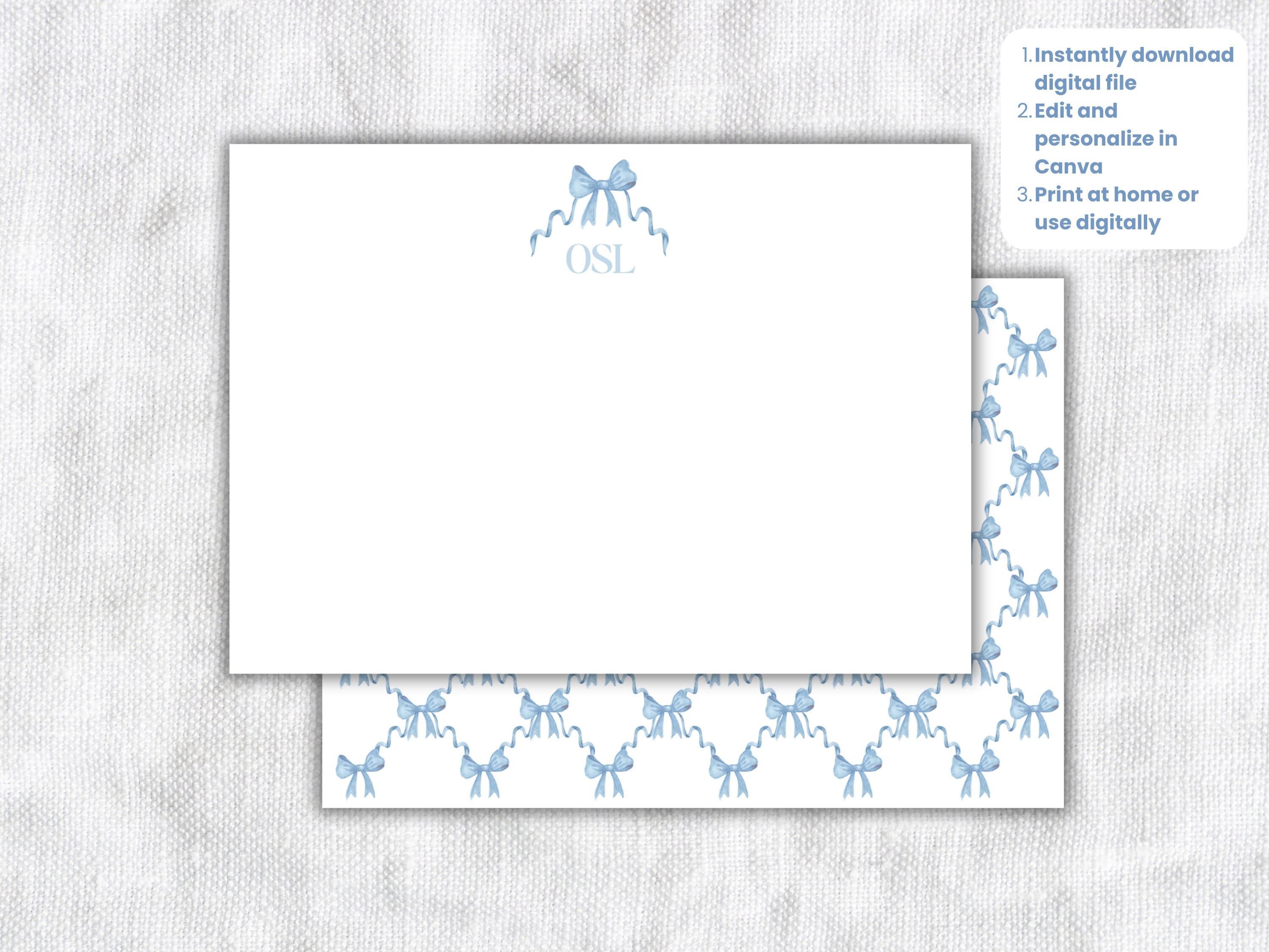 Personalized Trellis Bow Note Cards, Editable Watercolor Blue Bow ...