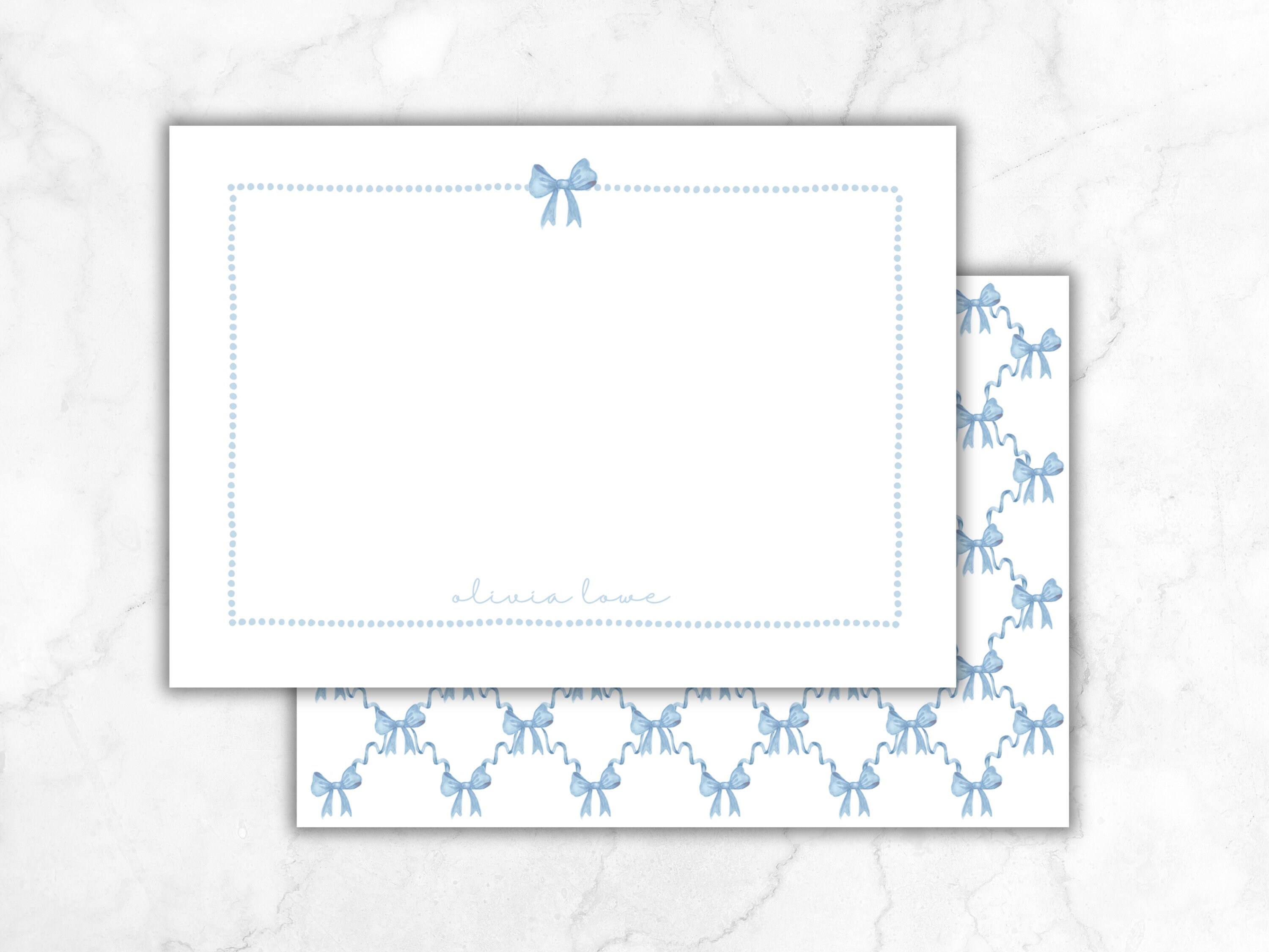 Personalized Trellis Bow Note Cards Editable Watercolor Blue Bow Dots Custom Stationary