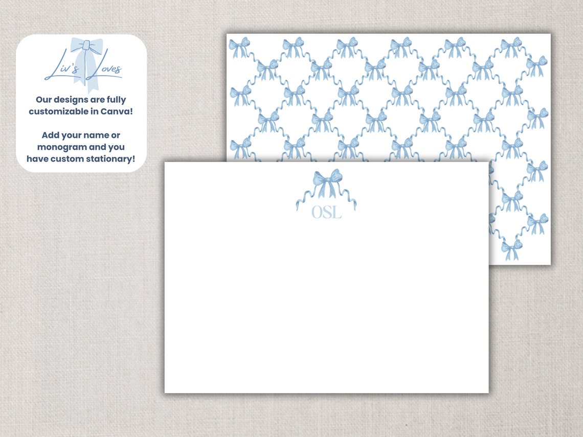 Personalized Trellis Bow Note Cards, Editable Watercolor Blue Bow ...