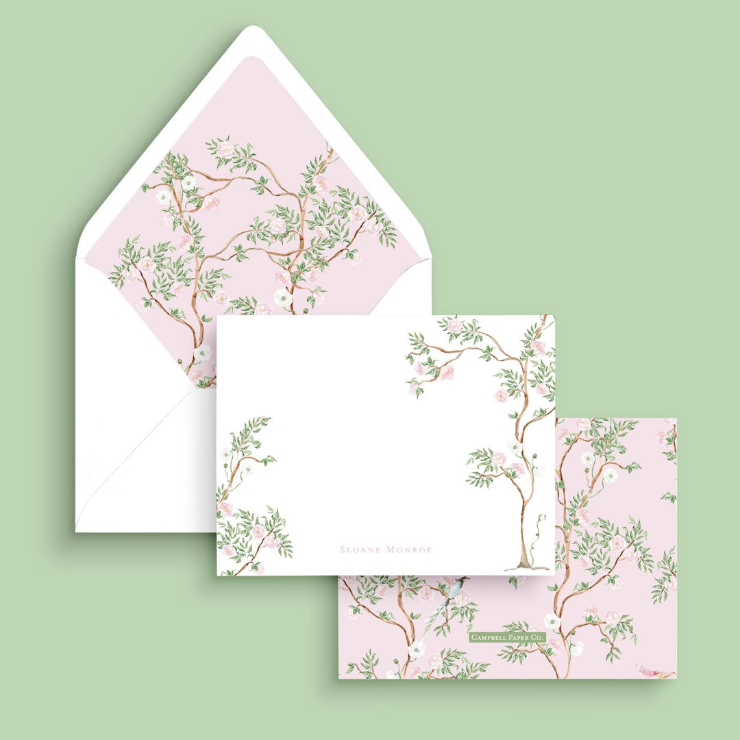 Personalized Chinoiserie Notecards: Pink & Green Stationery Set - Etsy