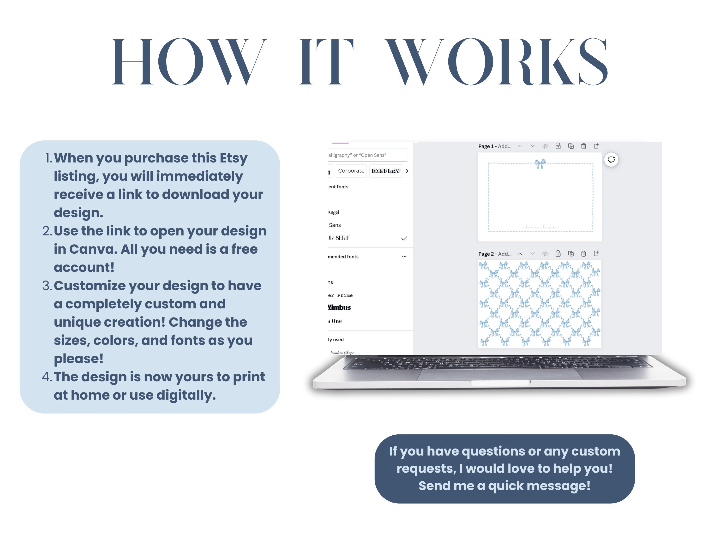 Personalized Trellis Bow Note Cards Editable Watercolor Blue Bow Dots Custom Stationary