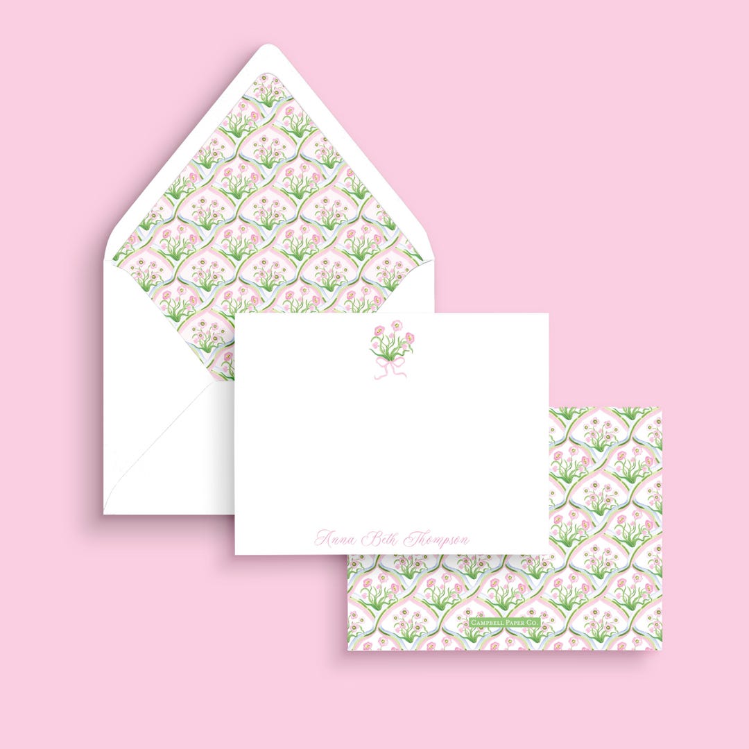 Personalized Stationery: Pink & Green Block Print Notecards - Etsy