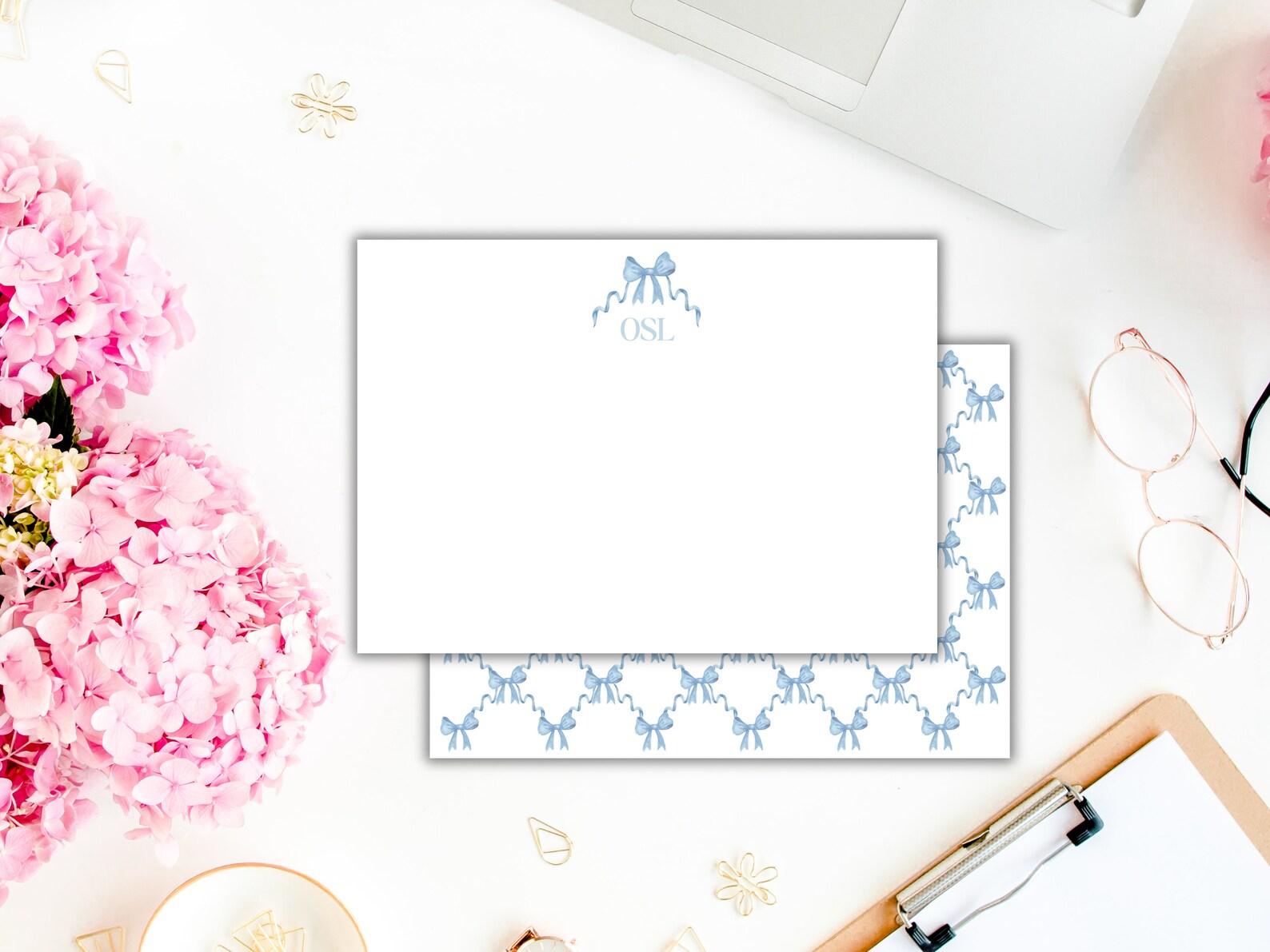 Personalized Trellis Bow Note Cards, Editable Watercolor Blue Bow ...