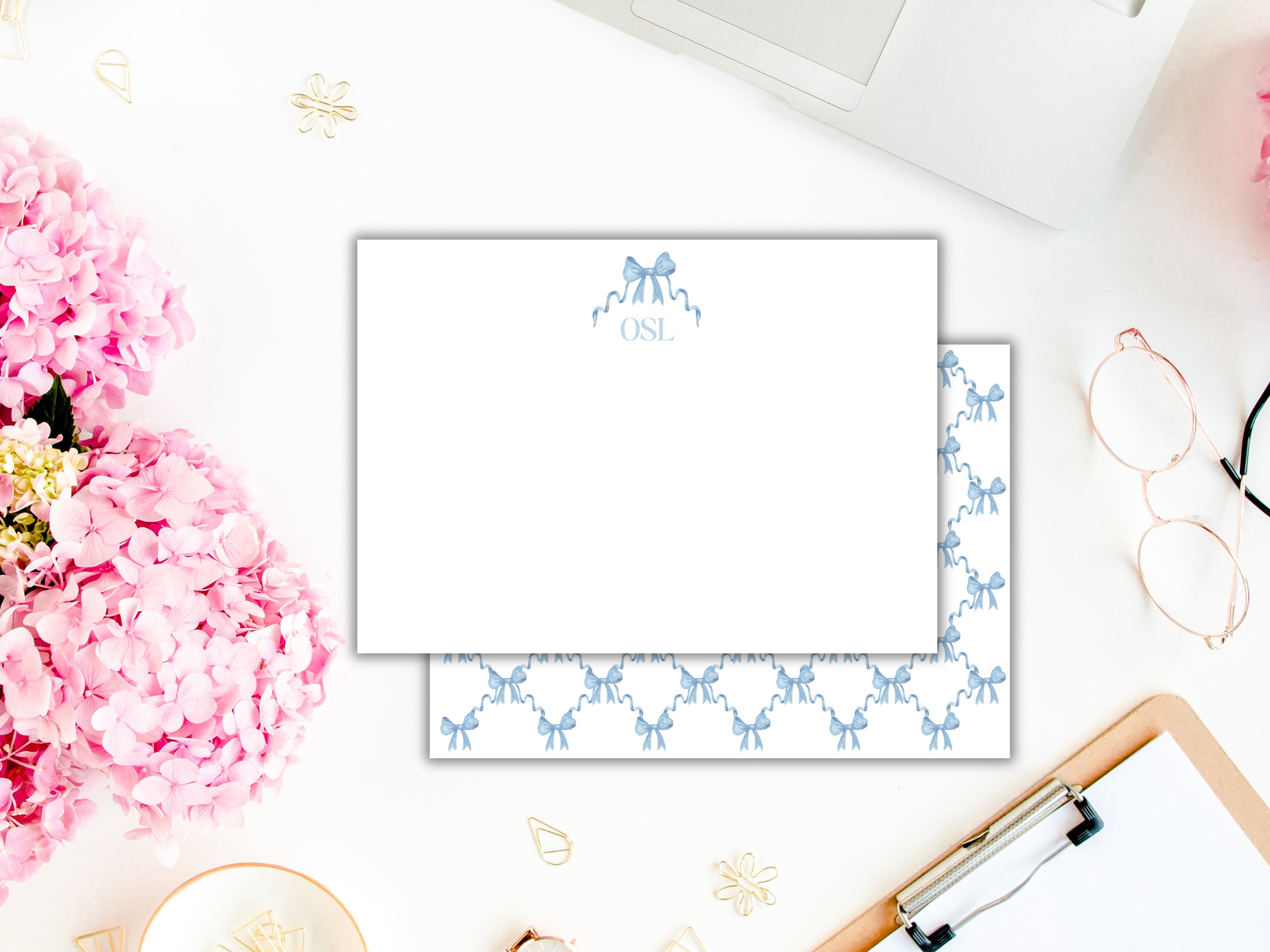 Personalized Trellis Bow Note Cards, Editable Watercolor Blue Bow ...
