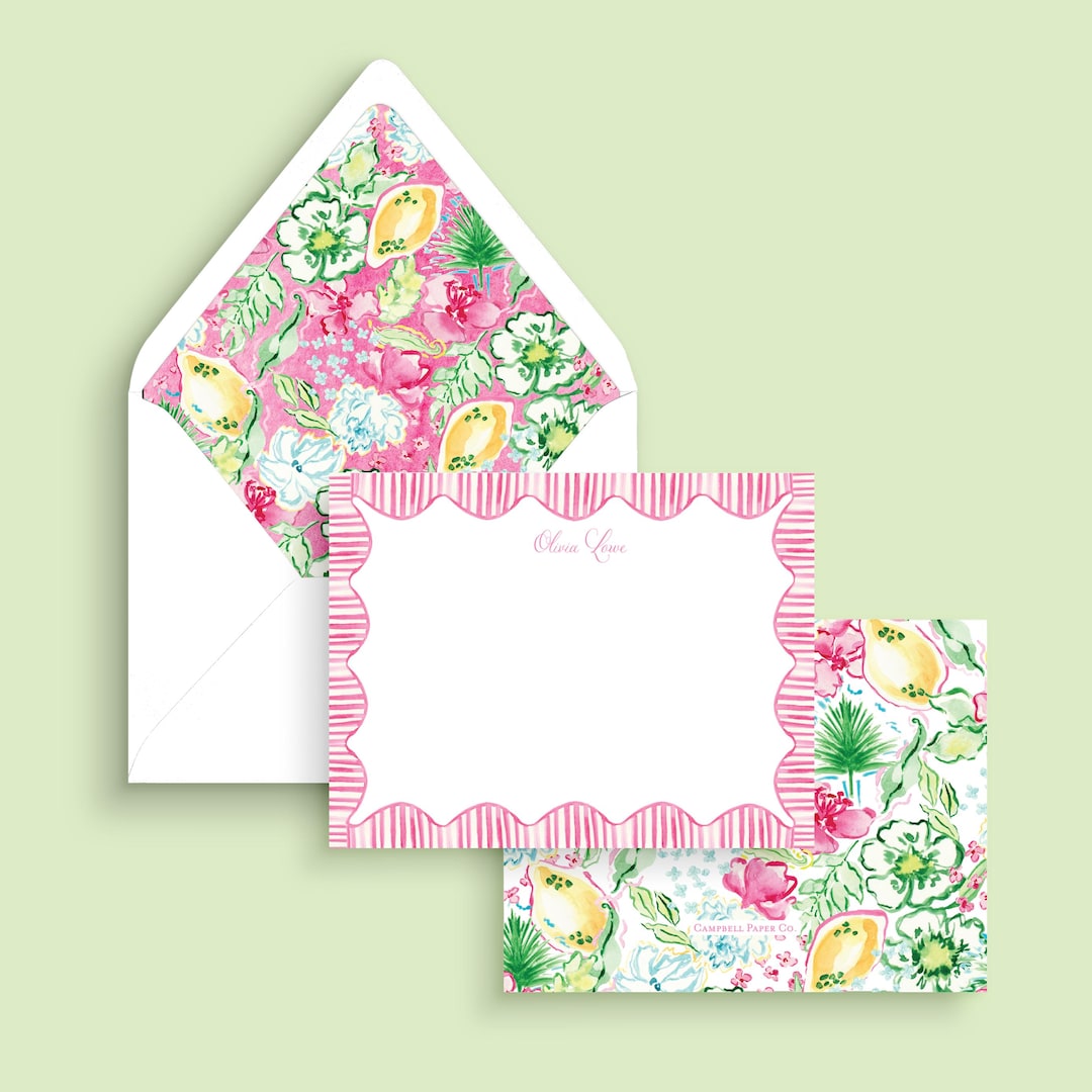 Personalized Lemon Stationery: Pink & Green Floral Notecards - Etsy