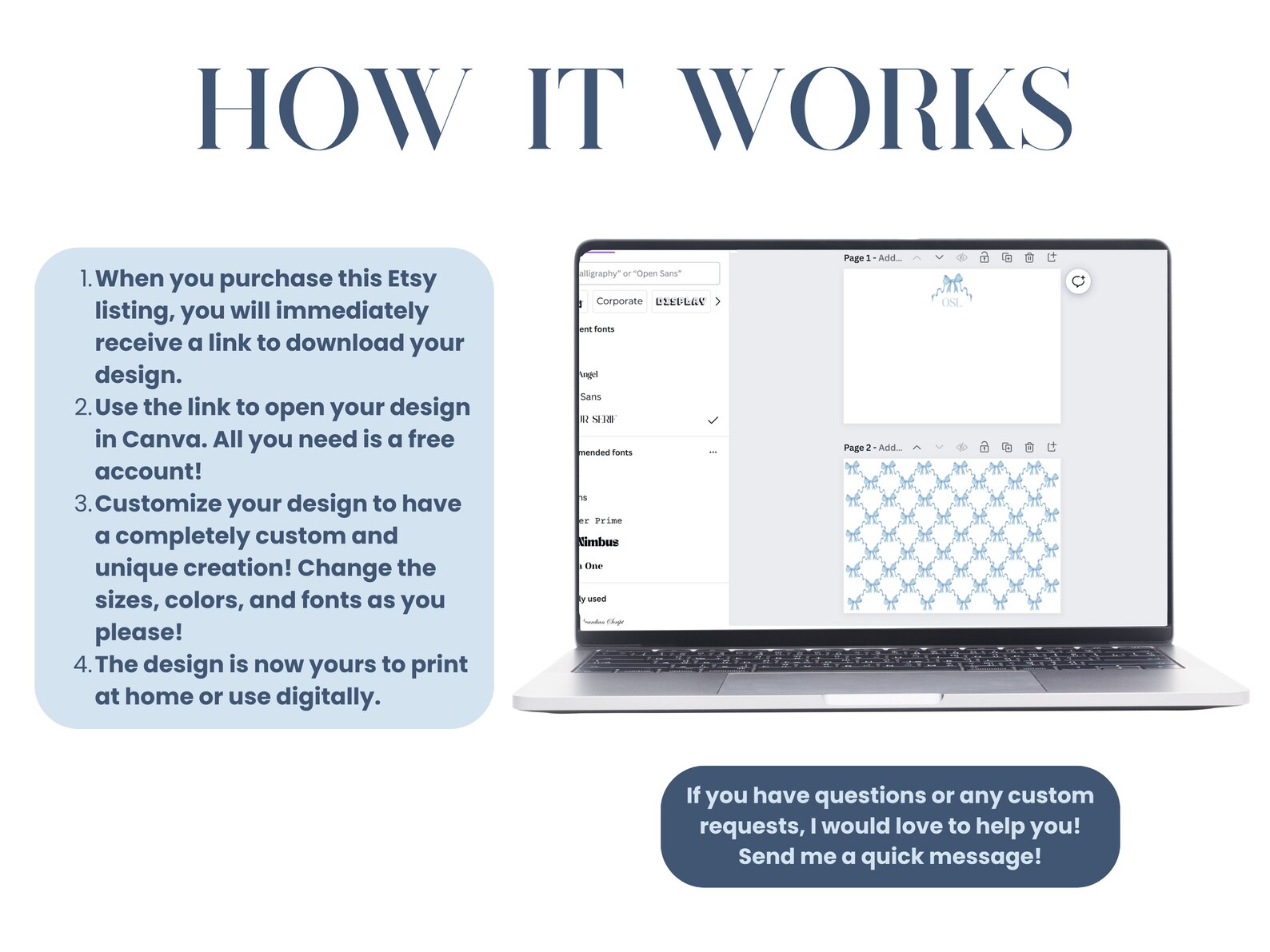 Personalized Trellis Bow Note Cards, Editable Watercolor Blue Bow ...