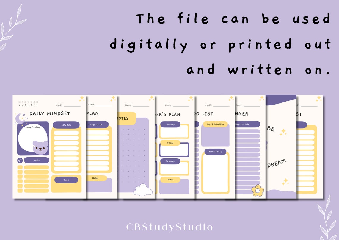 Set of 8 Printable Planner Sheets Purple Bear Cute Notebook Digital ...