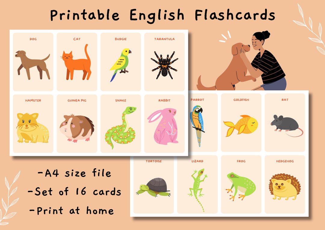 Printable English Pet Flashcards Set of 16 Cards Digital Download ...